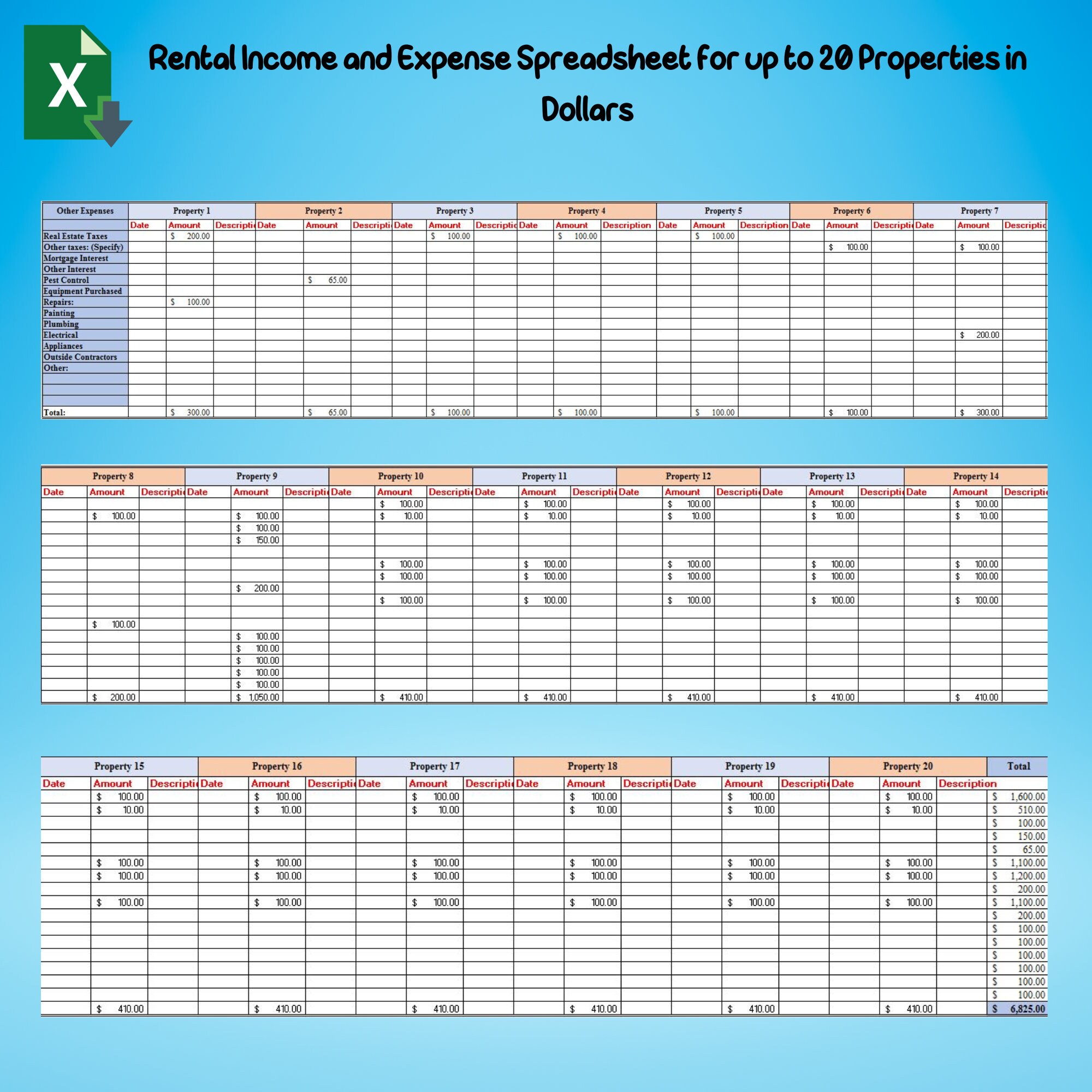 Rental Income and Expense Tracker for 20 Properties, Landlord Property ...