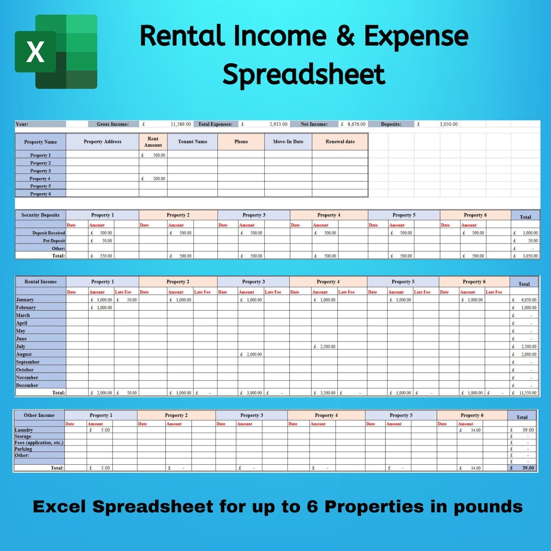 Rental Property Spreadsheet for UP to 6 Properties, Rental Income and ...