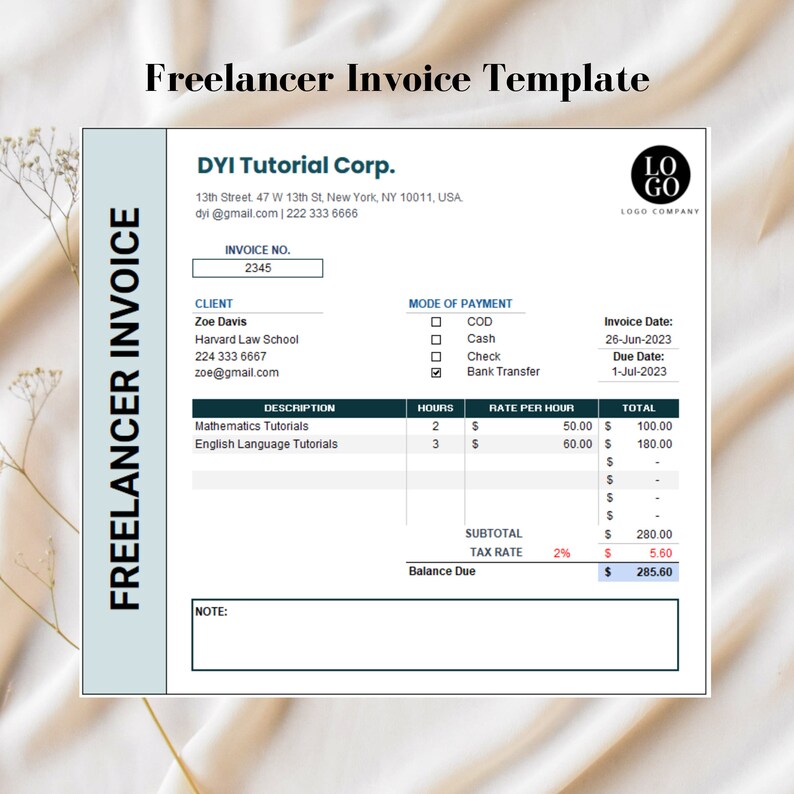 Freelancer Invoice Template in Google Sheets or Excel, Editable ...