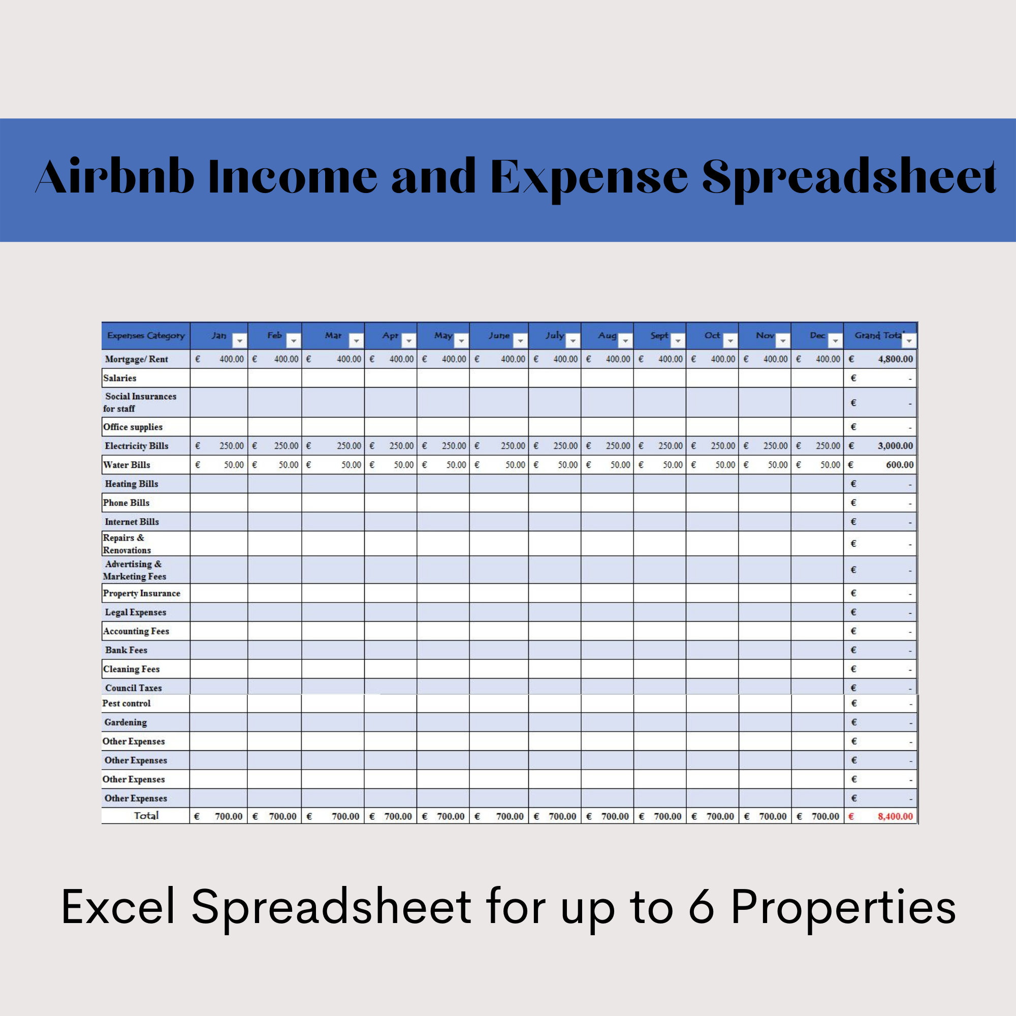 Airbnb Income and Expense Spreadsheet EUR, Short Term Rental ...