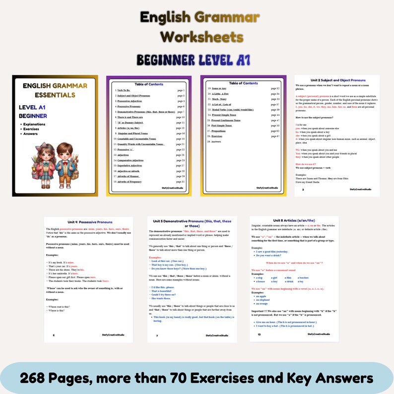 English Grammar Worksheet Bundle Level A1, English Grammar Workbook for ...