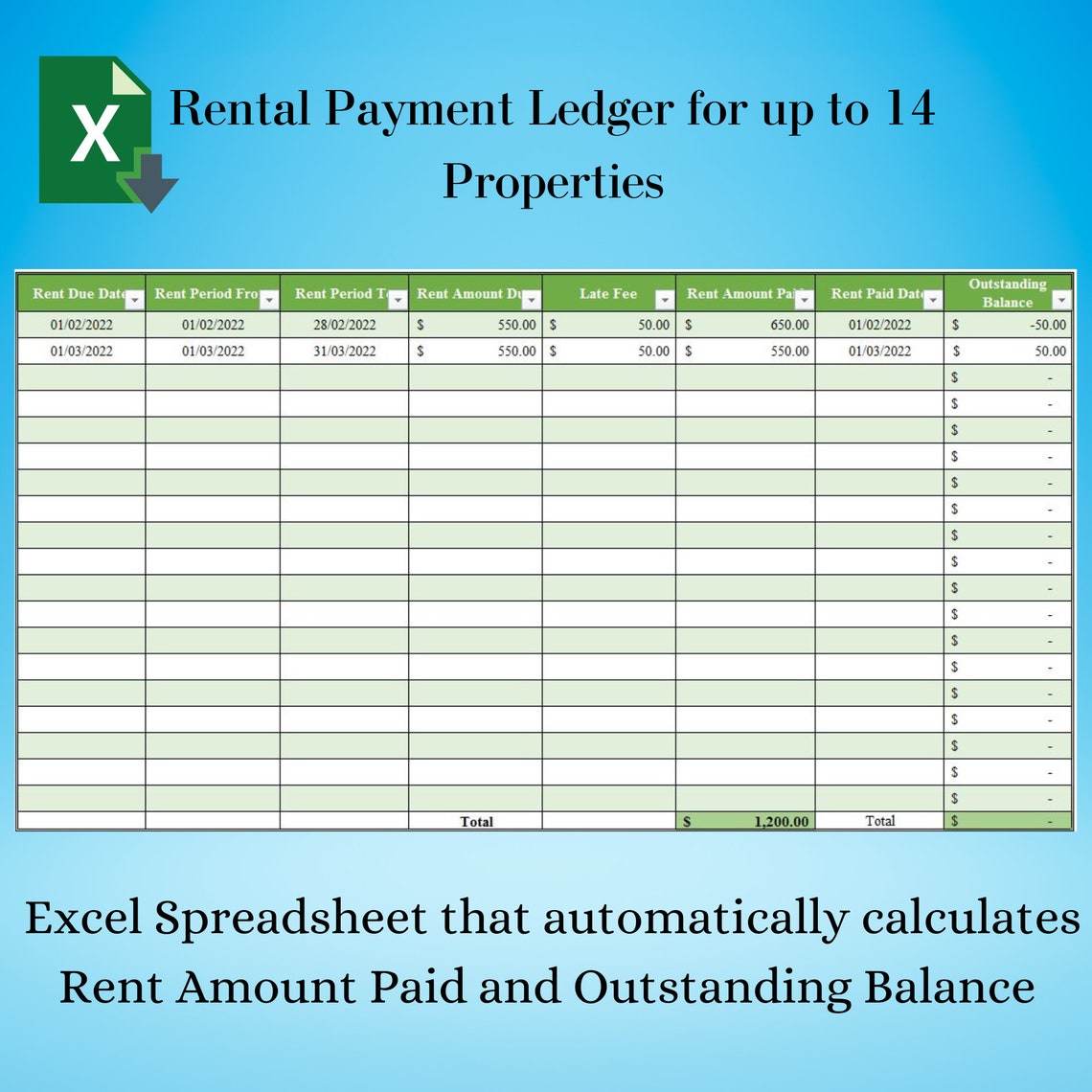 Rent Payment Ledger for 14 Properties, Tenant Rent Ledger, Rent Payment ...