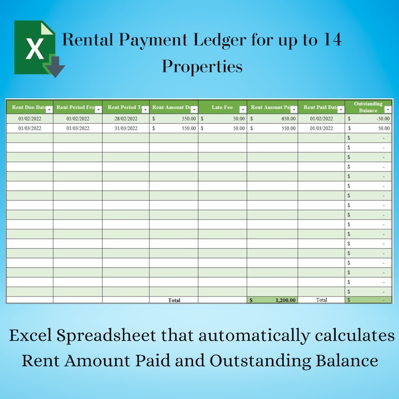 Rent Payment Ledger for 14 Properties, Tenant Rent Ledger, Rent Payment ...