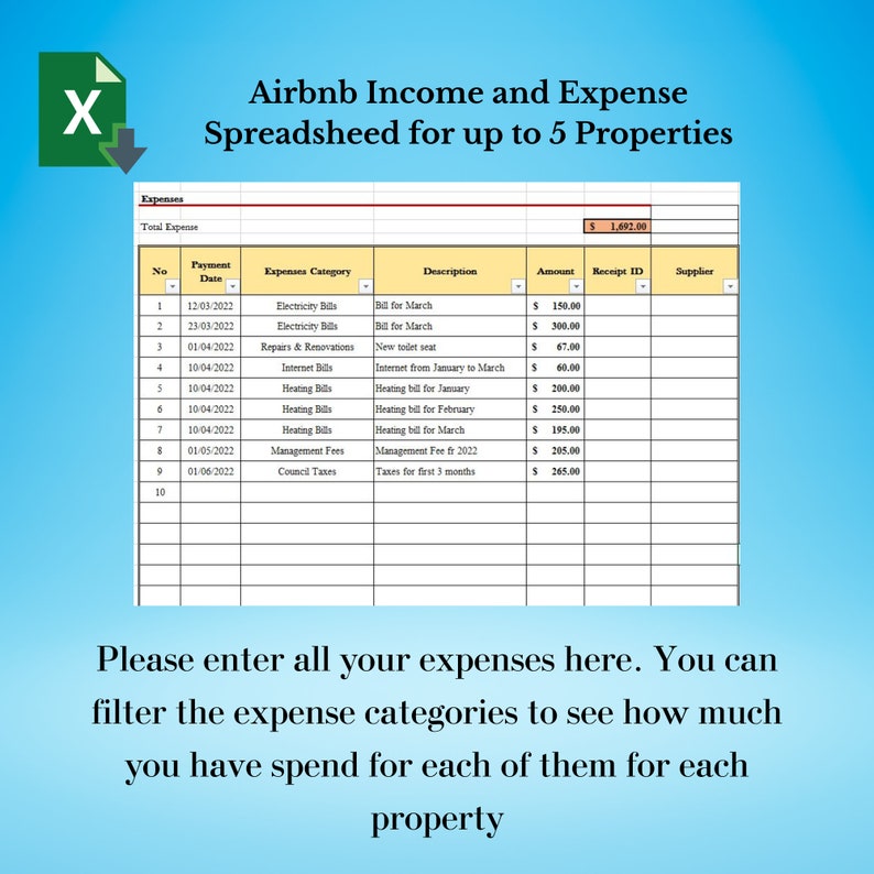 Airbnb Income and Expense Spreadsheet for 1 to 5 Properties USD, Rental ...