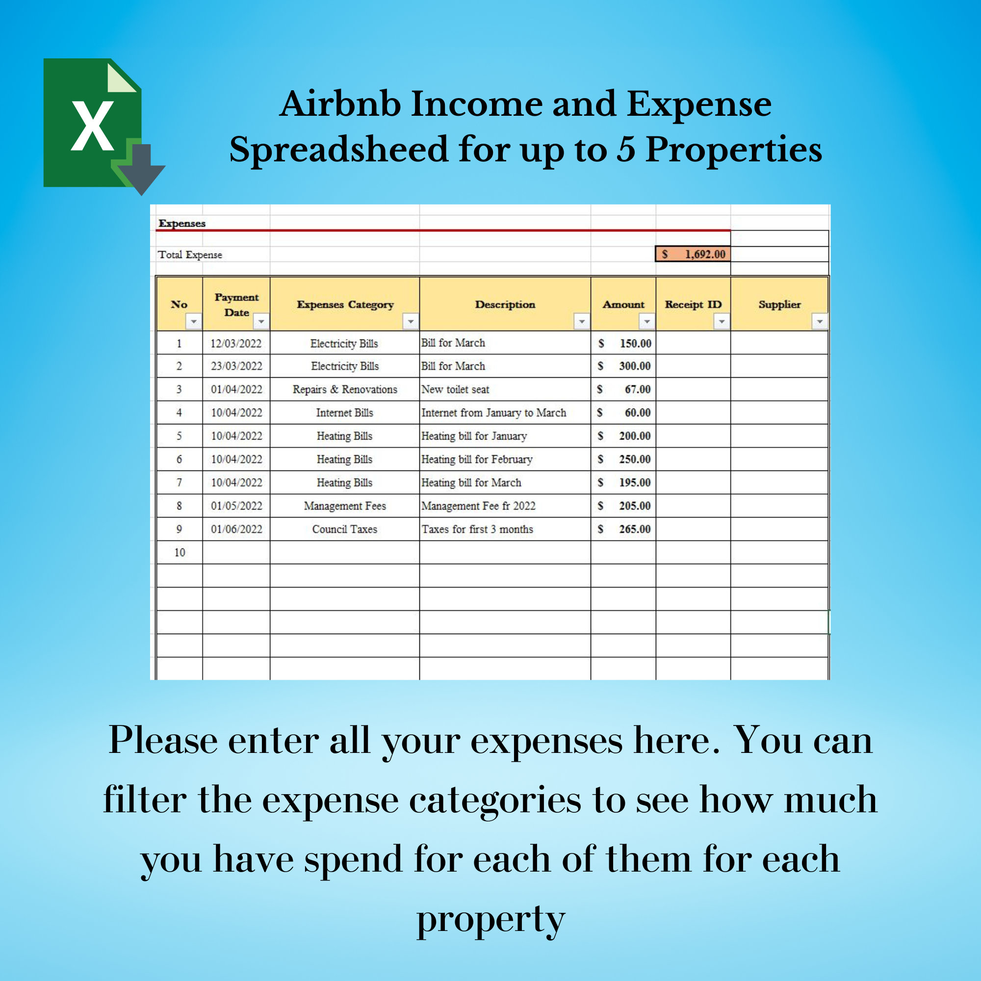 Airbnb Income and Expense Spreadsheet for 1 to 5 Properties USD, Rental ...