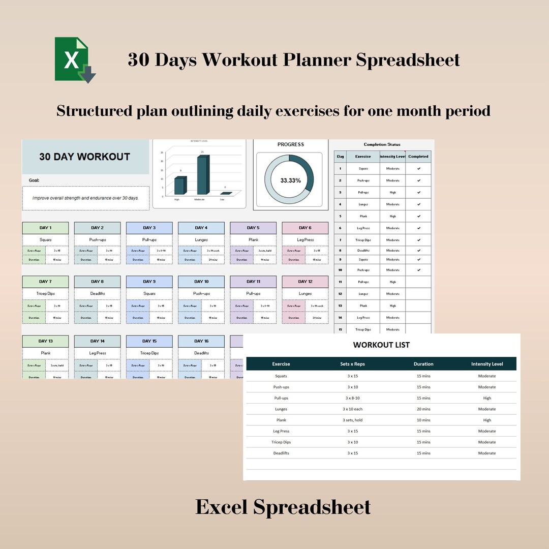 30 Days Workout Planner Spreadsheet, Workout Tracker Excel, Fitness ...