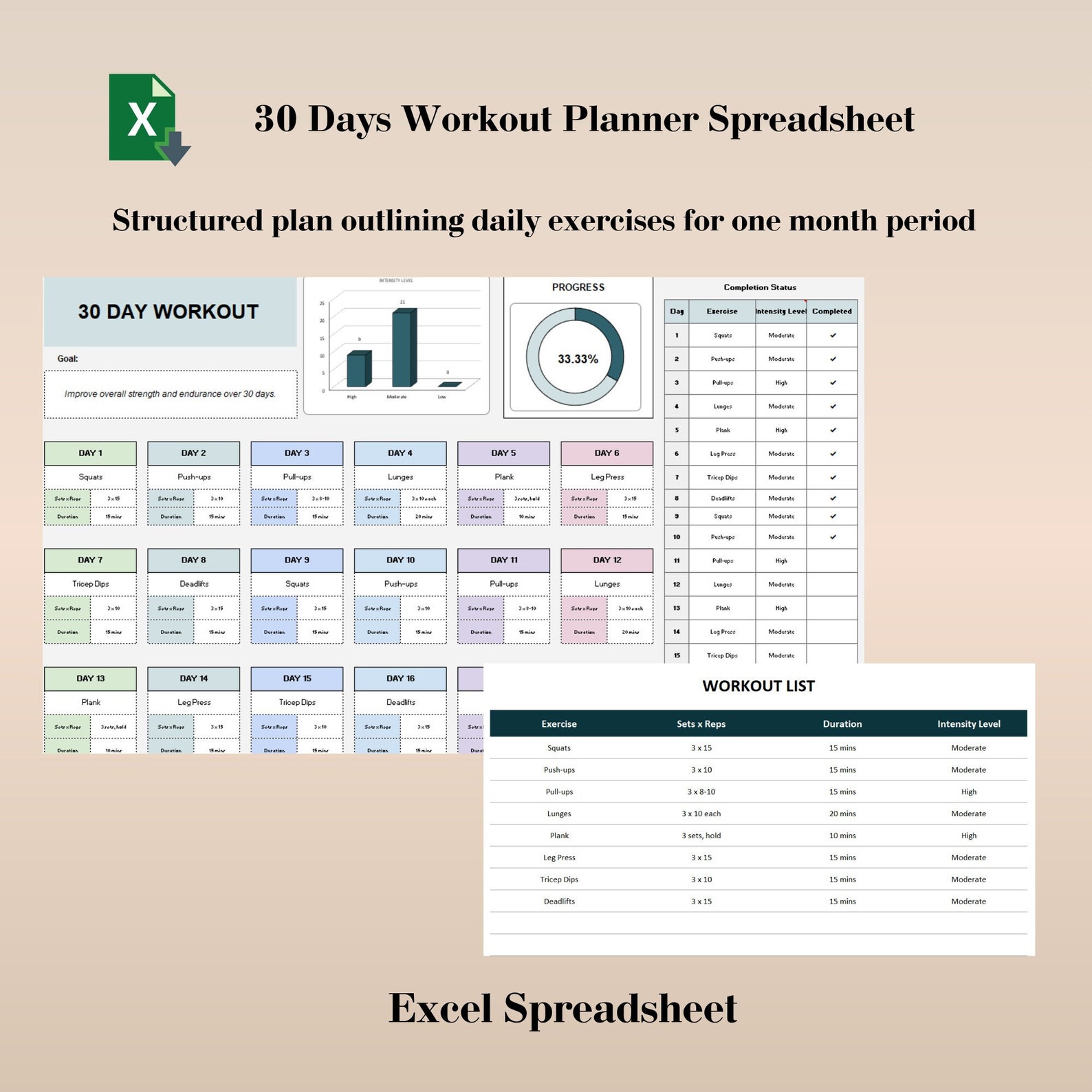 30 Days Workout Planner Spreadsheet, Workout Tracker Excel, Fitness ...