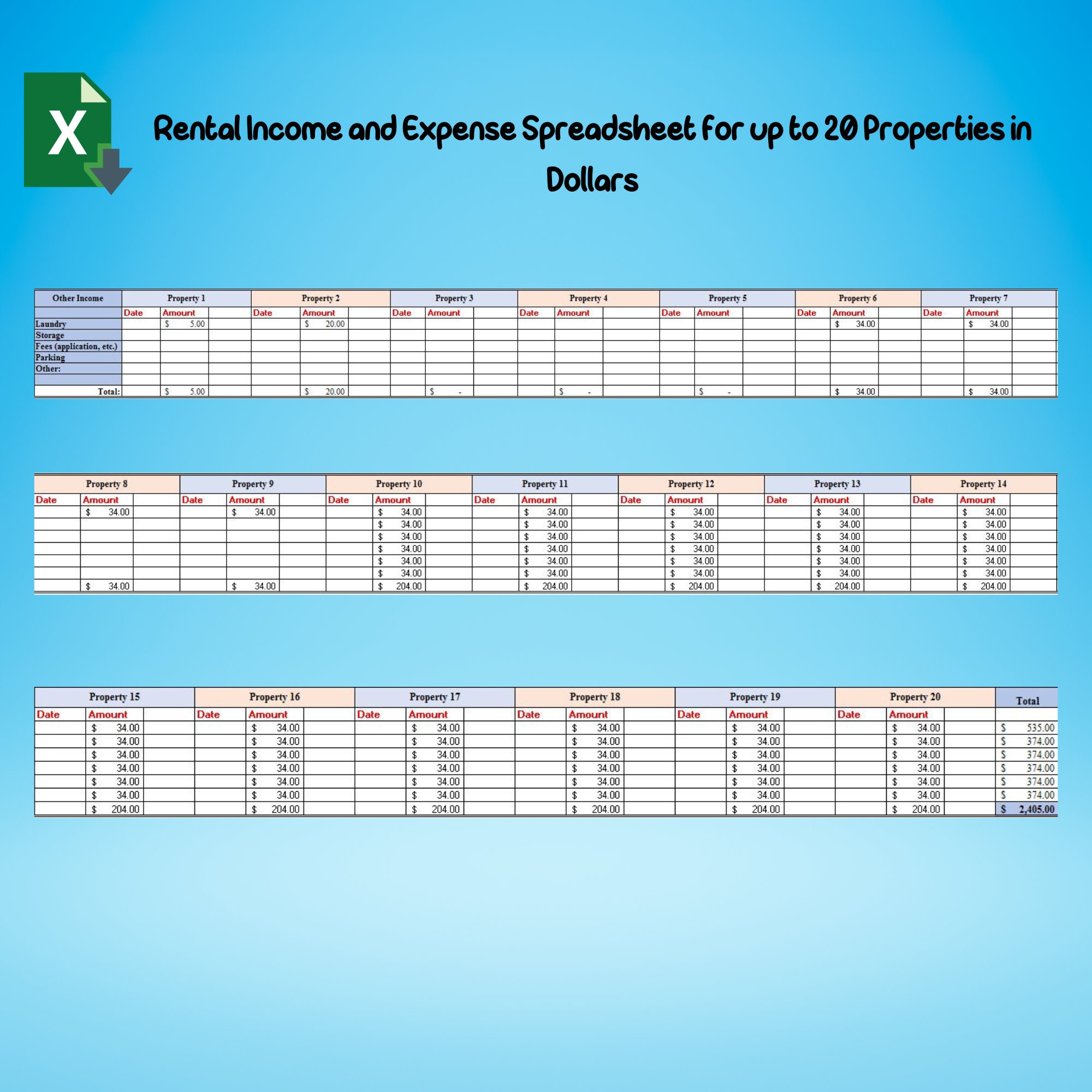 Rental Income and Expense Tracker for 20 Properties, Landlord Property ...