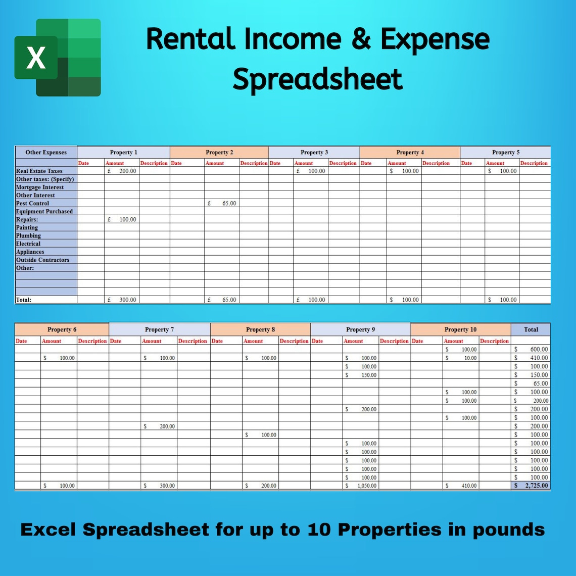 Rental Income & Expense Spreadsheet for up to 10 Properties in POUNDS ...
