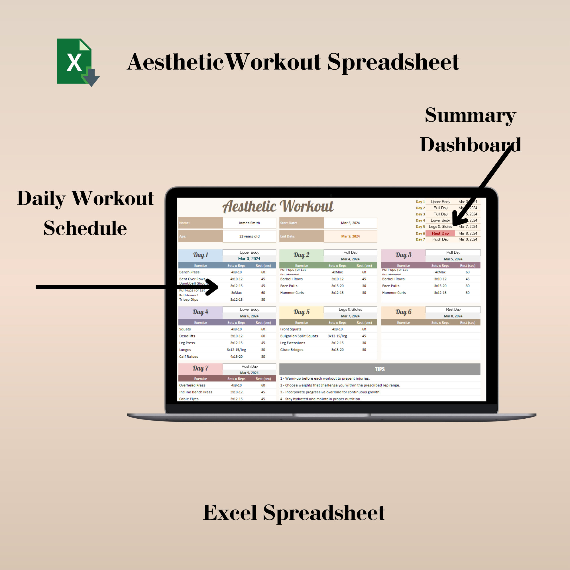 Aesthetic Workout Spreadsheet, Workout Planner Excel, Fitness Tracker ...