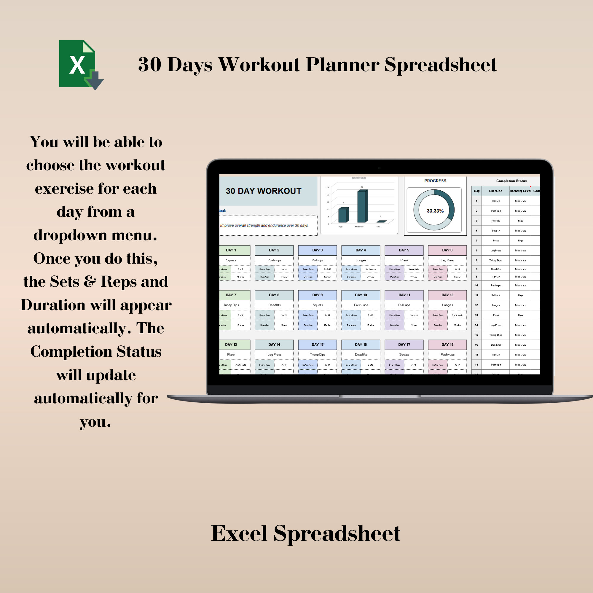 30 Days Workout Planner Spreadsheet, Workout Tracker Excel, Fitness ...