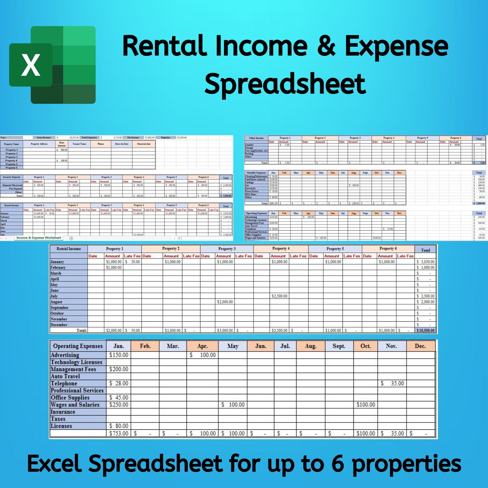 Landlord Rental Property Spreadsheet for up to 6 Properties, Rental ...