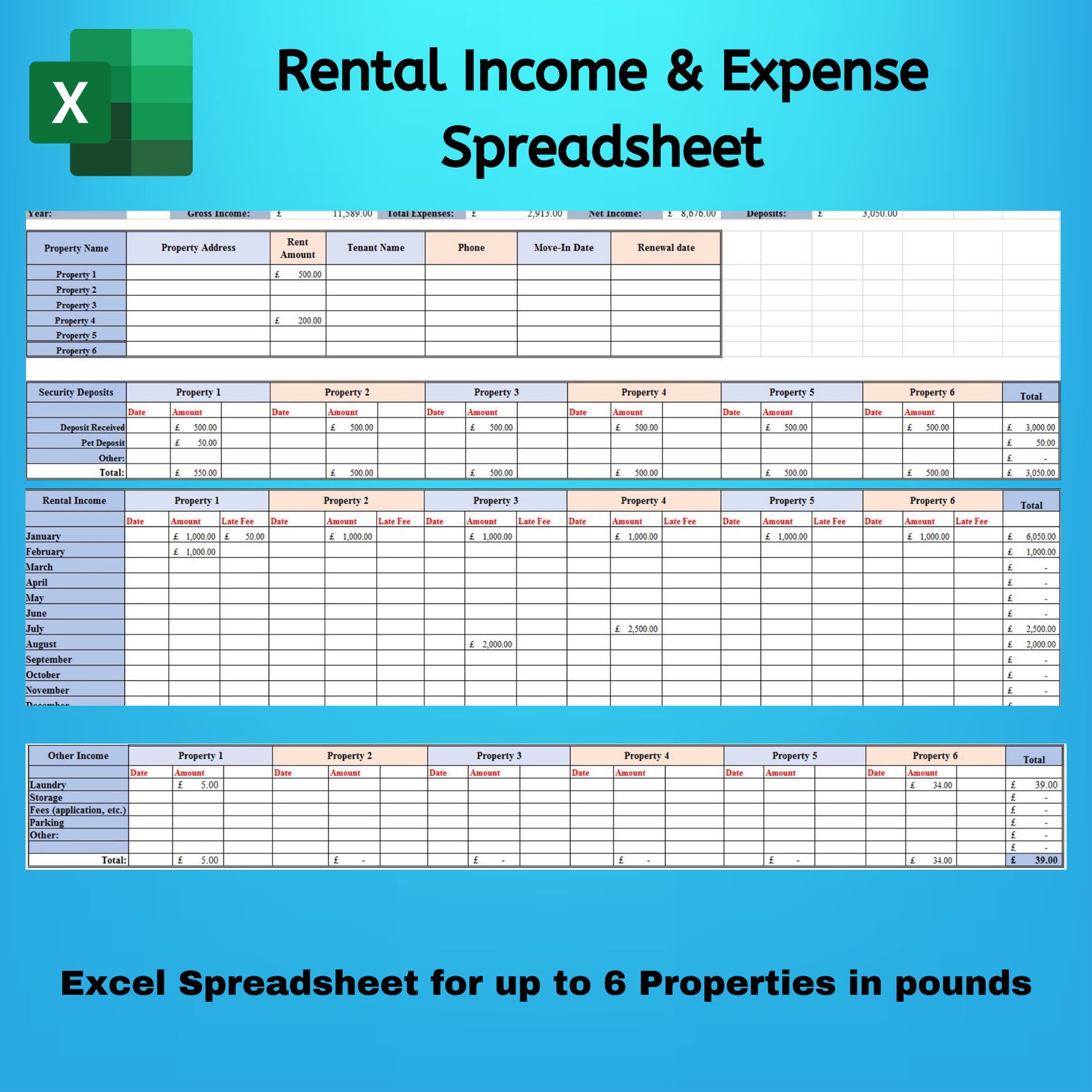 Rental Property Spreadsheet for UP to 6 Properties, Rental Income and ...