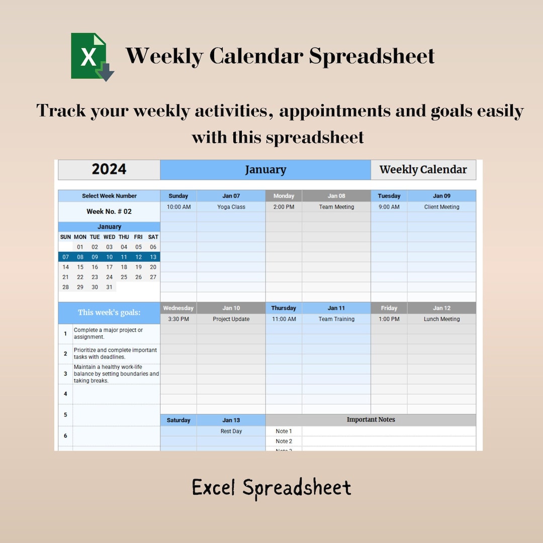 Weekly Calendar Spreadsheet, Weekly Planner Excel, Daily Task Schedule ...