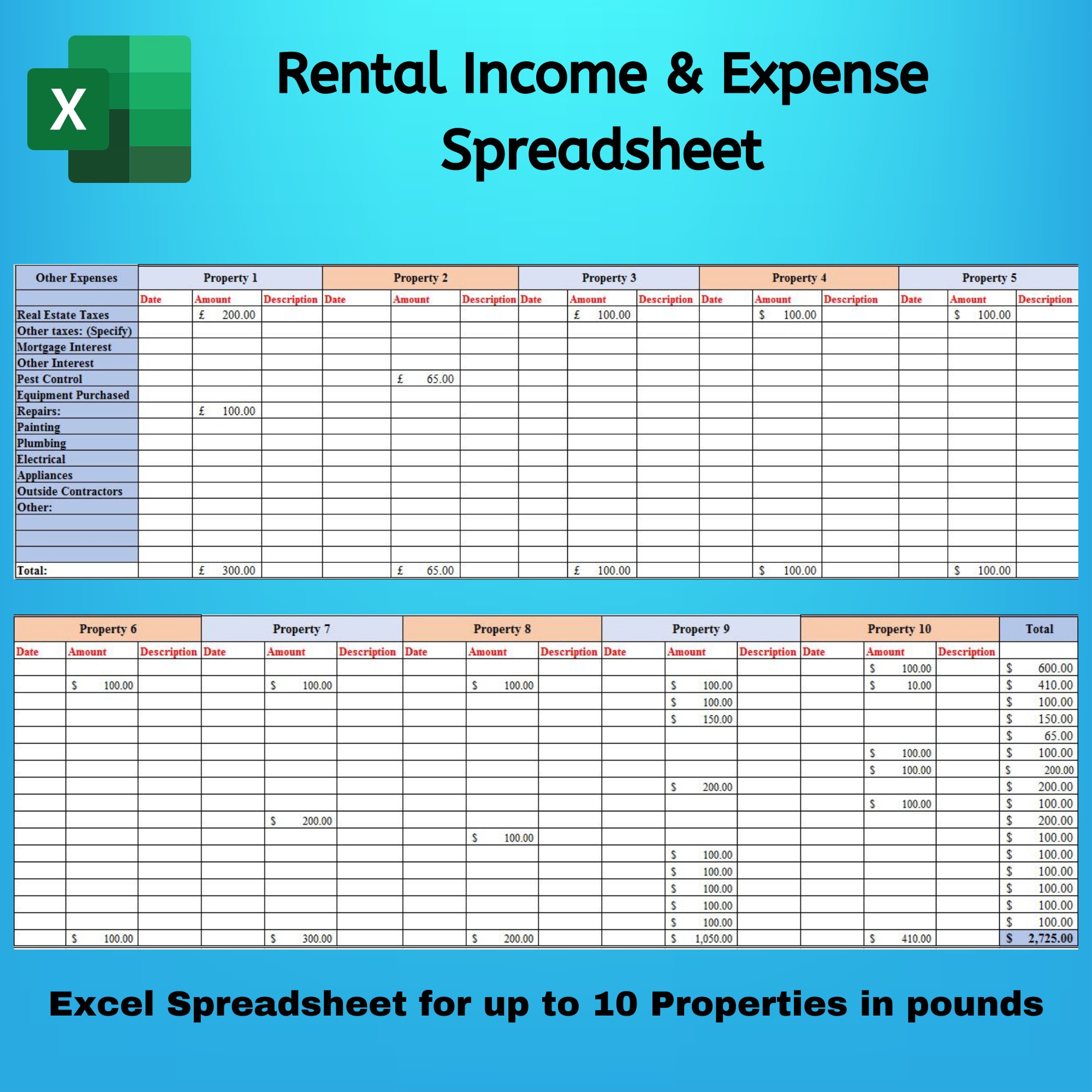 Rental Income & Expense Spreadsheet for up to 10 Properties in POUNDS ...