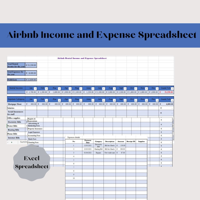 Airbnb Income and Expense Spreadsheet EUR, Short Term Rental ...