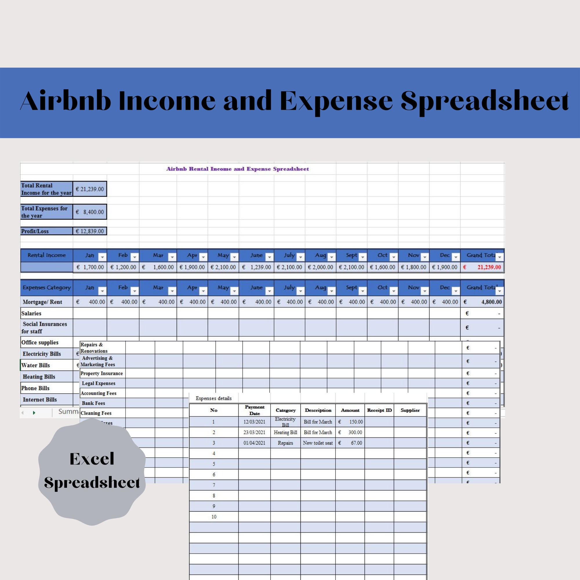 Airbnb Income and Expense Spreadsheet EUR, Short Term Rental ...