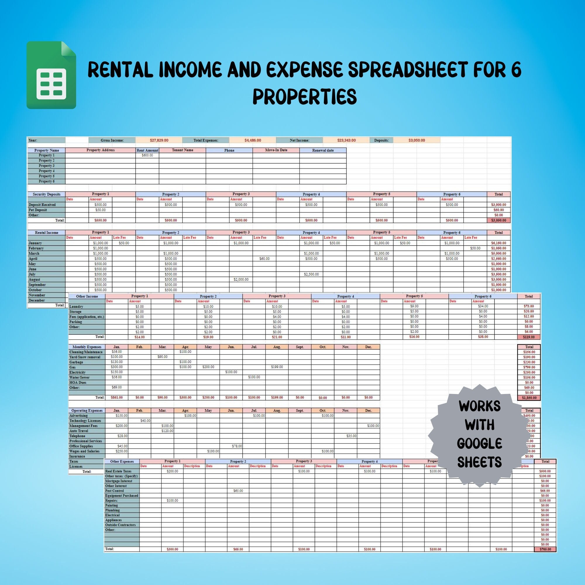 Rental Property Spreadsheet in Google Sheets, Landlord Spreadsheet for ...