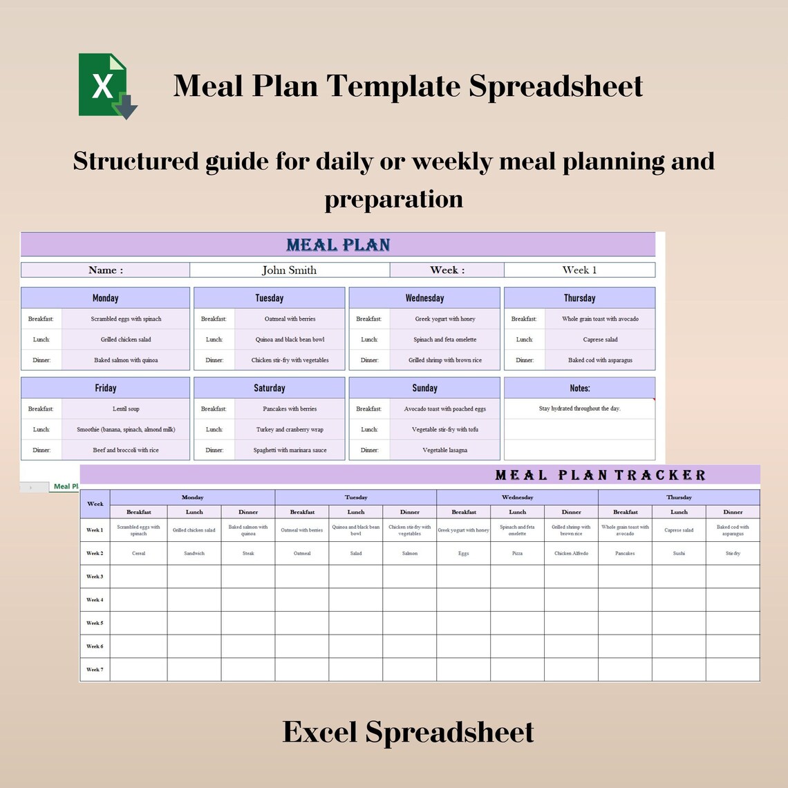 Meal Plan Template Spreadsheet, Weekly Meal Plan Excel, Meal Tracker ...