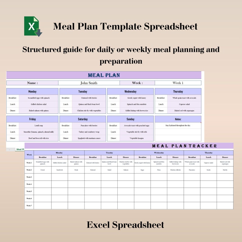 Meal Plan Template Spreadsheet, Weekly Meal Plan Excel, Meal Tracker ...