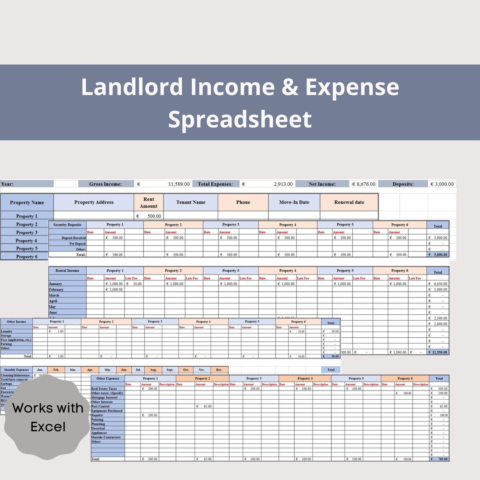 Landlord Income and Expense Spreadsheet, Property Management ...