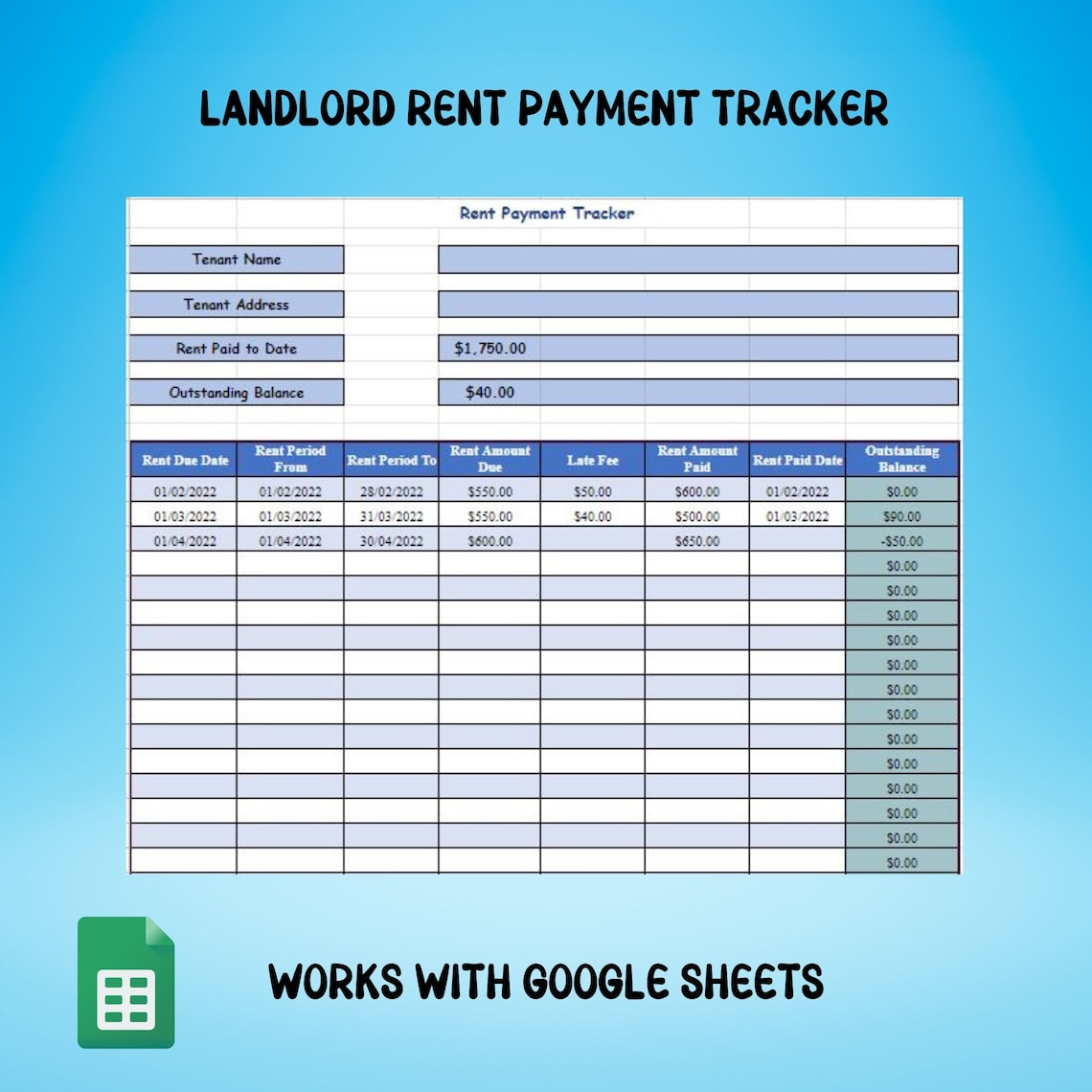 Landlord Rent Payment Tracker Google Sheets, Rent Ledger for up to 10 ...