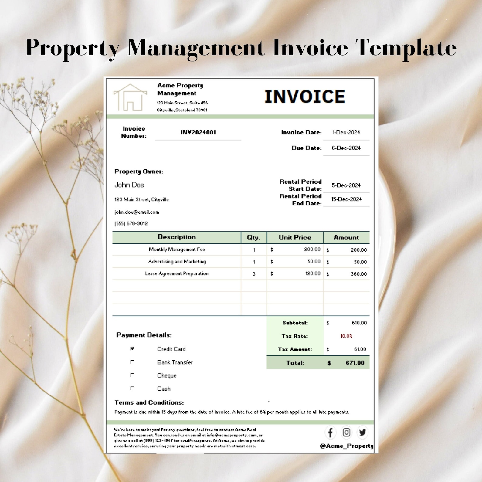 Property Management Invoice Template in Google Sheets or Excel ...