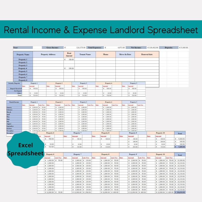 Landlord Rent Ledger Spreadsheet, Rental Property Income and Expense ...