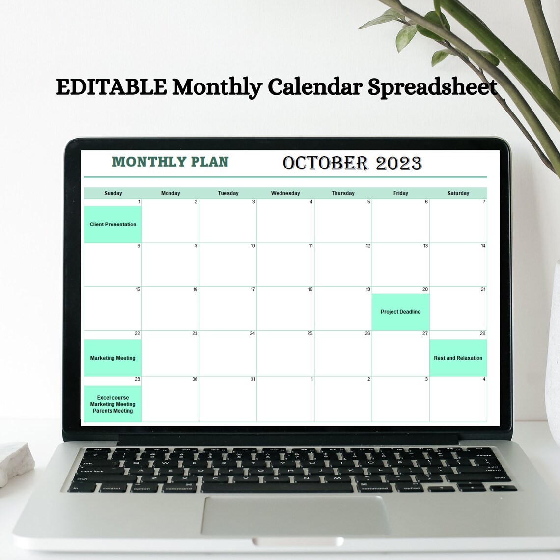 EDITABLE Monthly Calendar Spreadsheet, Excel Calendar Planner, Monthly ...