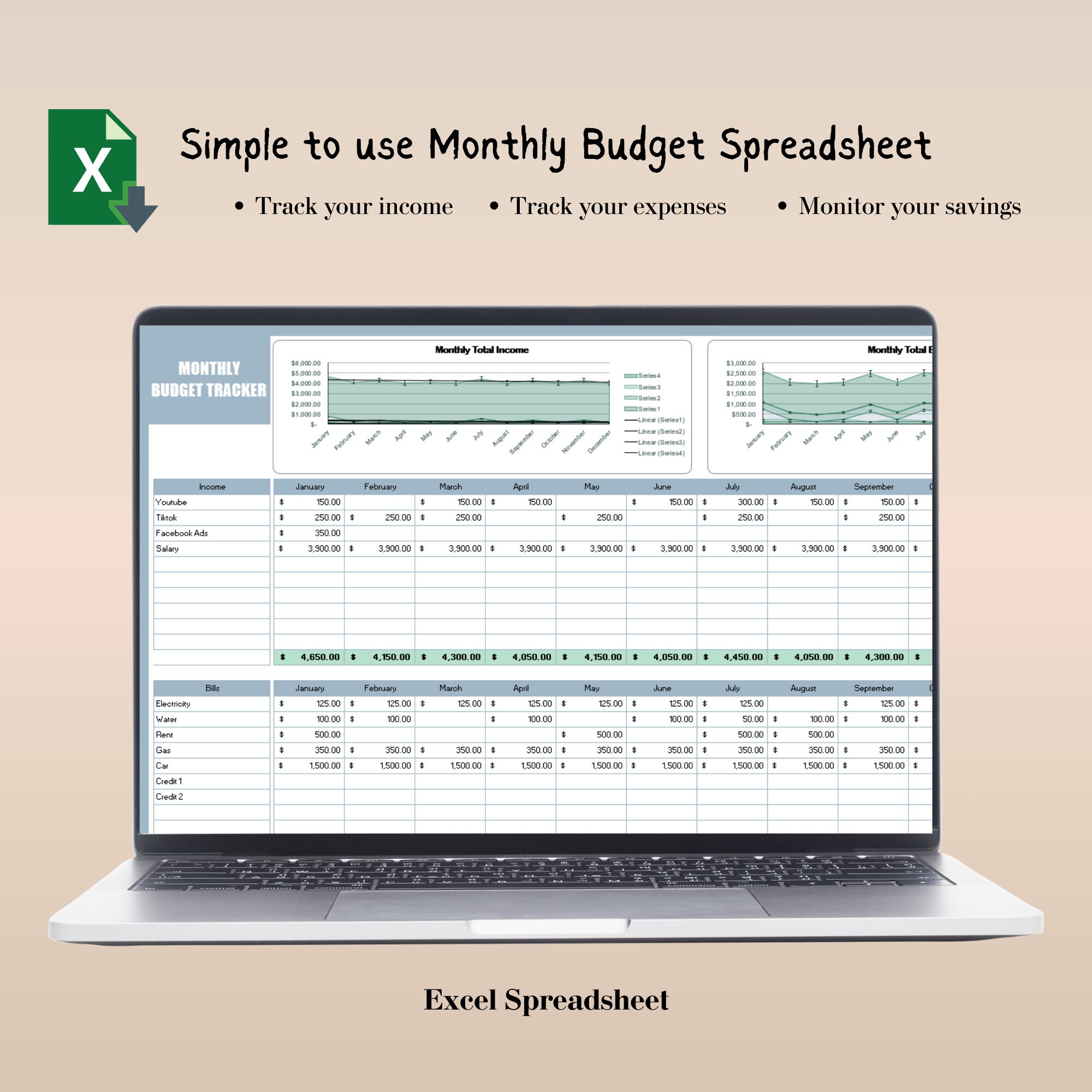 Monthly Budget Spreadsheet, Simple Annual Budget Spreadsheet, Personal ...