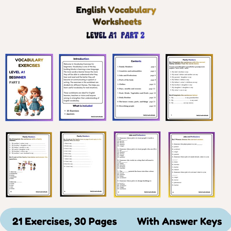 English Vocabulary Worksheets Level A1, English Vocabulary Exercises ...
