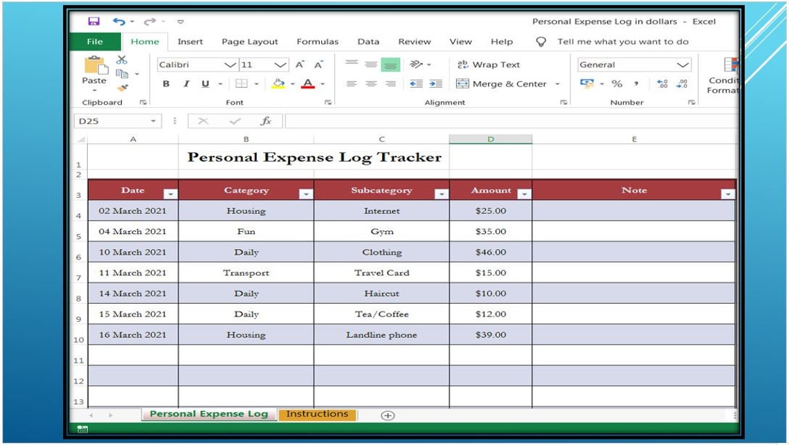 Expense Log Tracker/ Personal Expense Log/ Excel Expense | Etsy