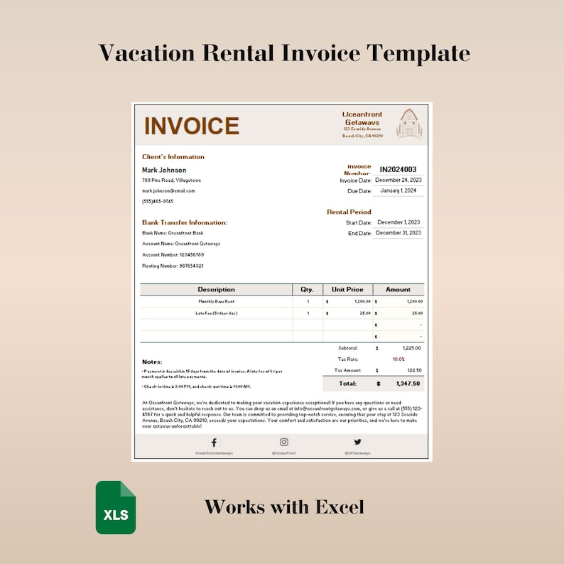 Vacation Rental Invoice Template in Excel, Business Invoice Template ...