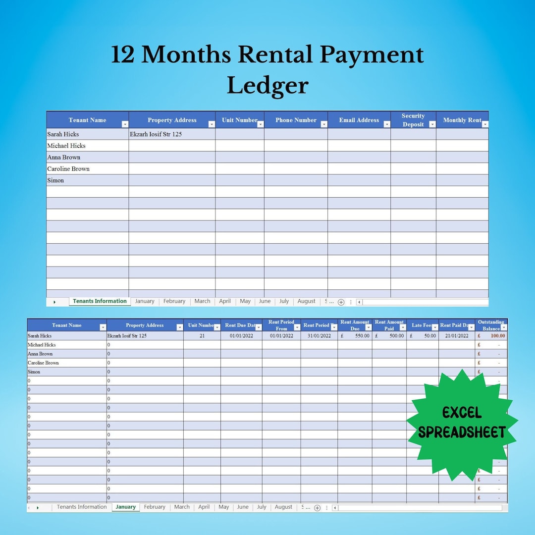 12 Months Rent Payment Ledger, Rent Payment Tracker With Late Fee ...