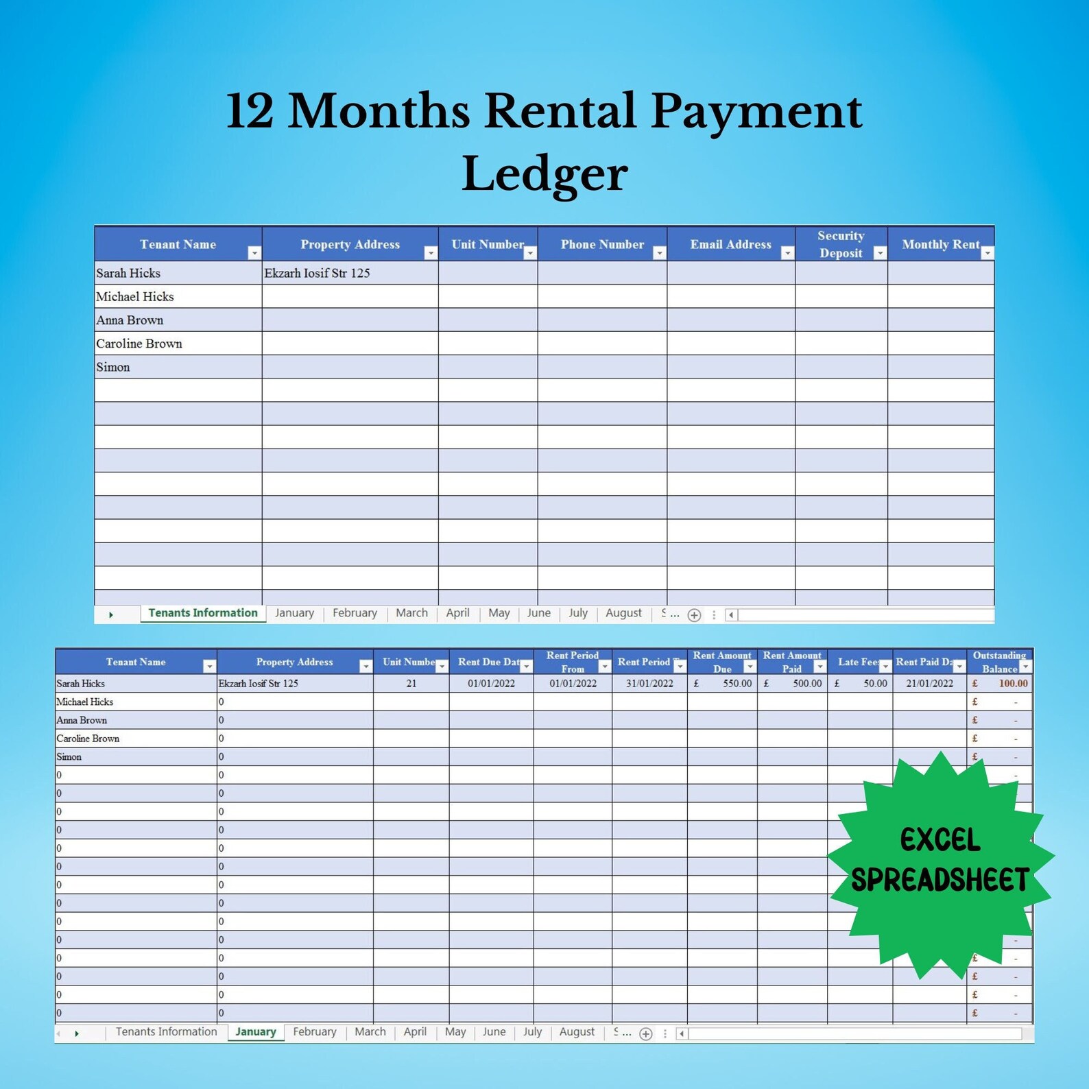 12 Months Rent Payment Ledger, Rent Payment Tracker With Late Fee ...