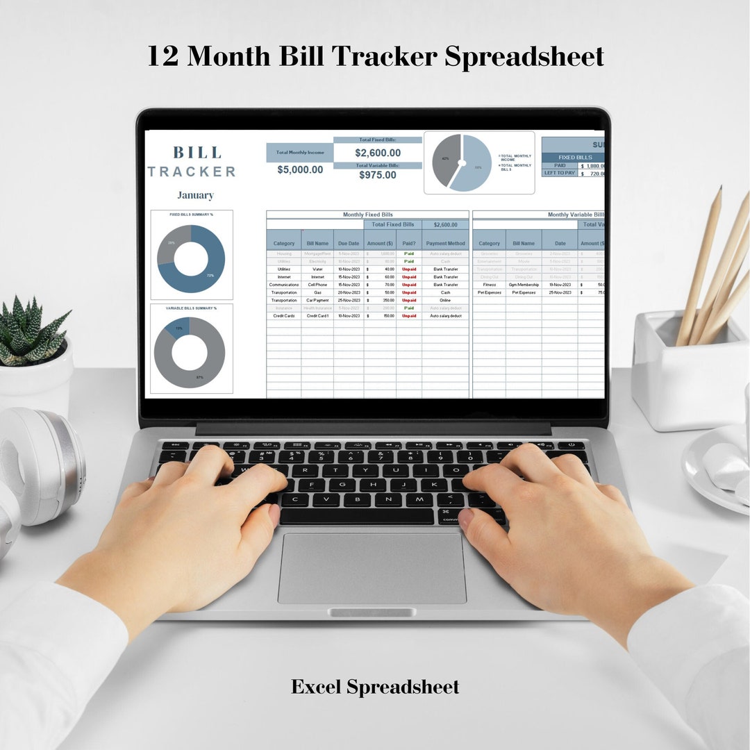 12 Month Bill Tracker Spreadsheet, Monthly Bill Payment Log, Bill ...