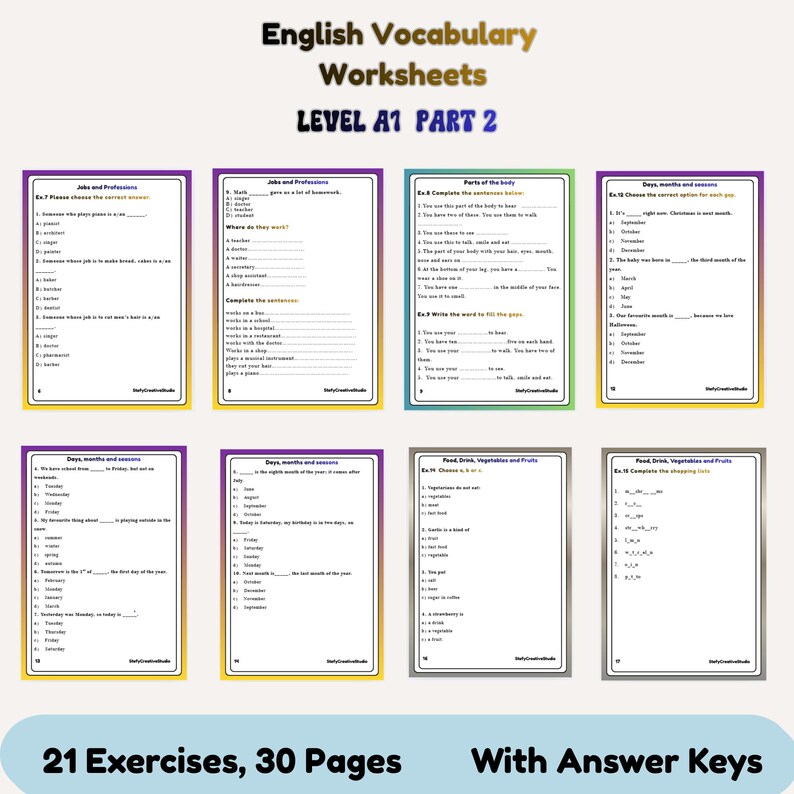 English Vocabulary Worksheets Level A1, English Vocabulary Exercises ...