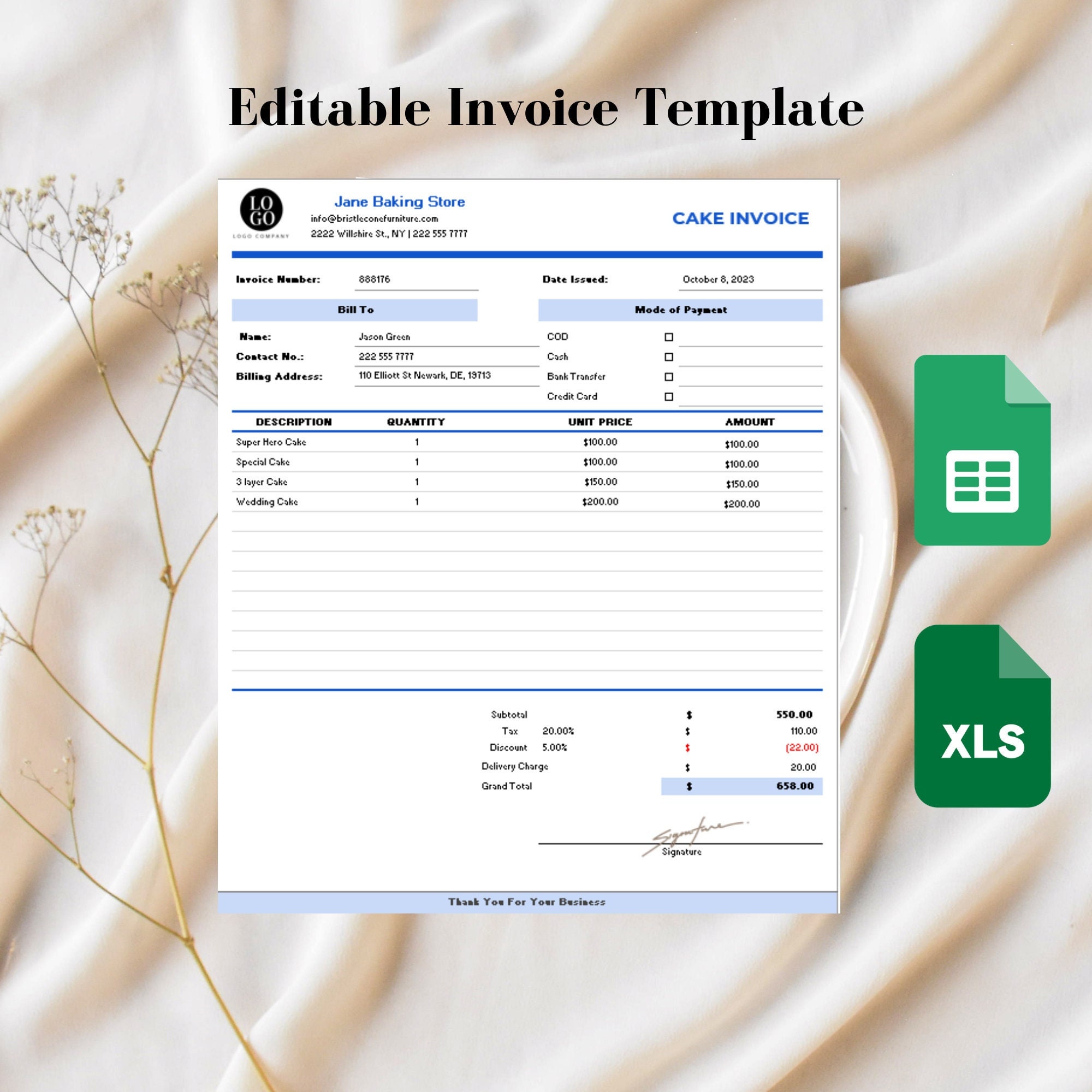 Bakery Invoice Template in Excel and Google Sheets, Editable Invoice ...