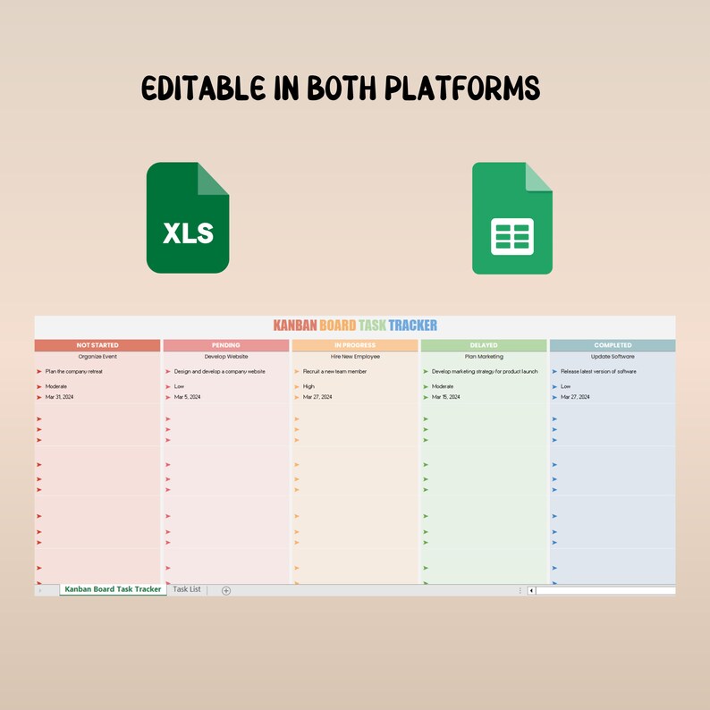 Kanban Board Task Tracker Google Sheets, Excel, Project Management ...