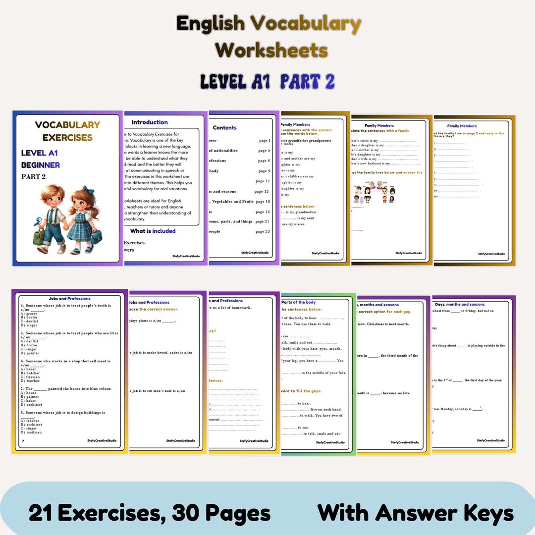 English Vocabulary Worksheets Level A1, English Vocabulary Exercises ...