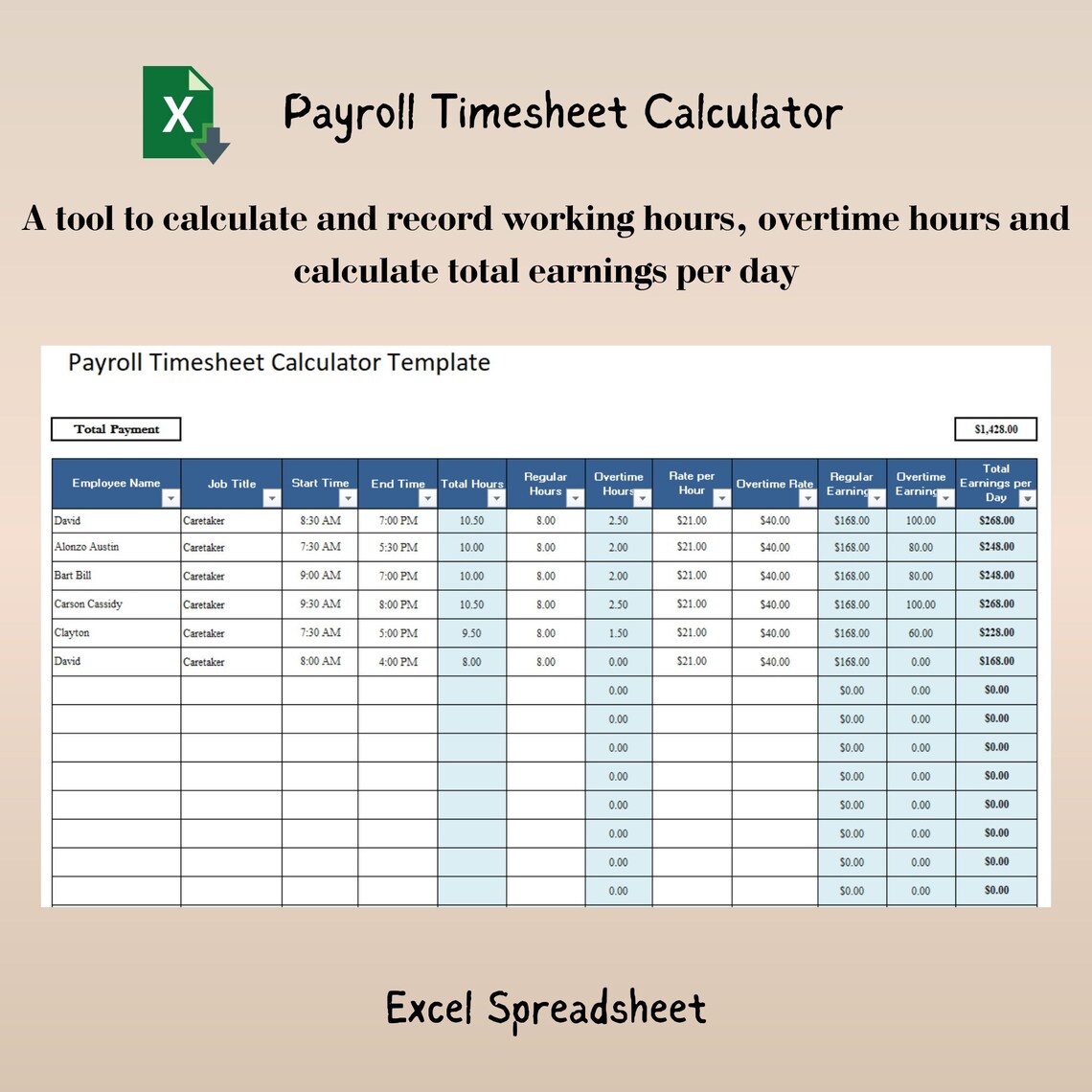 Employee Payroll Calculator, Payroll Timesheet Calculator, Payroll Tracker Excel, Employee ...