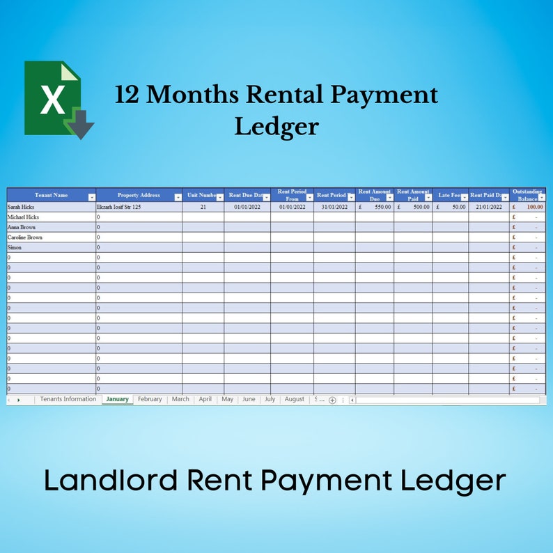 12 Months Rent Payment Ledger, Rent Payment Tracker With Late Fee ...