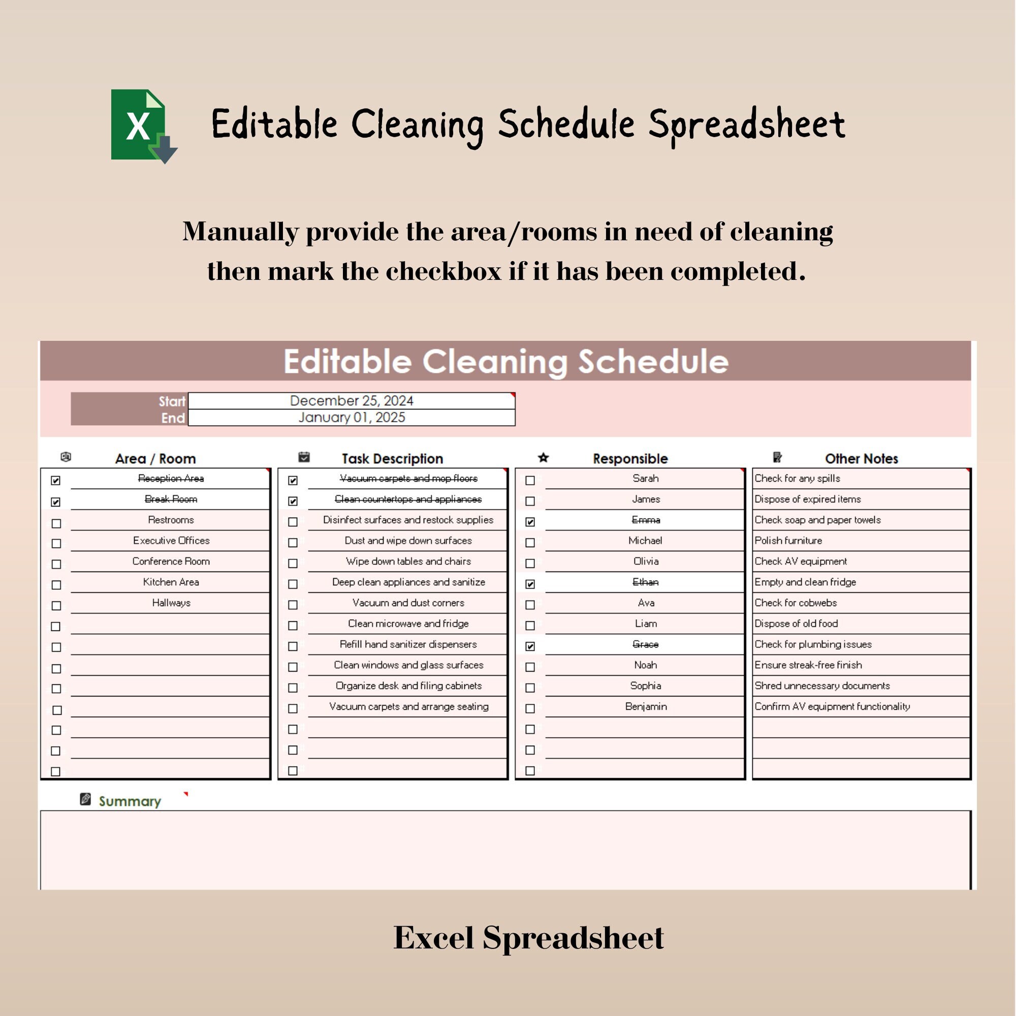 Editable Cleaning Schedule Spreadsheet EXCEL Cleaning - Etsy