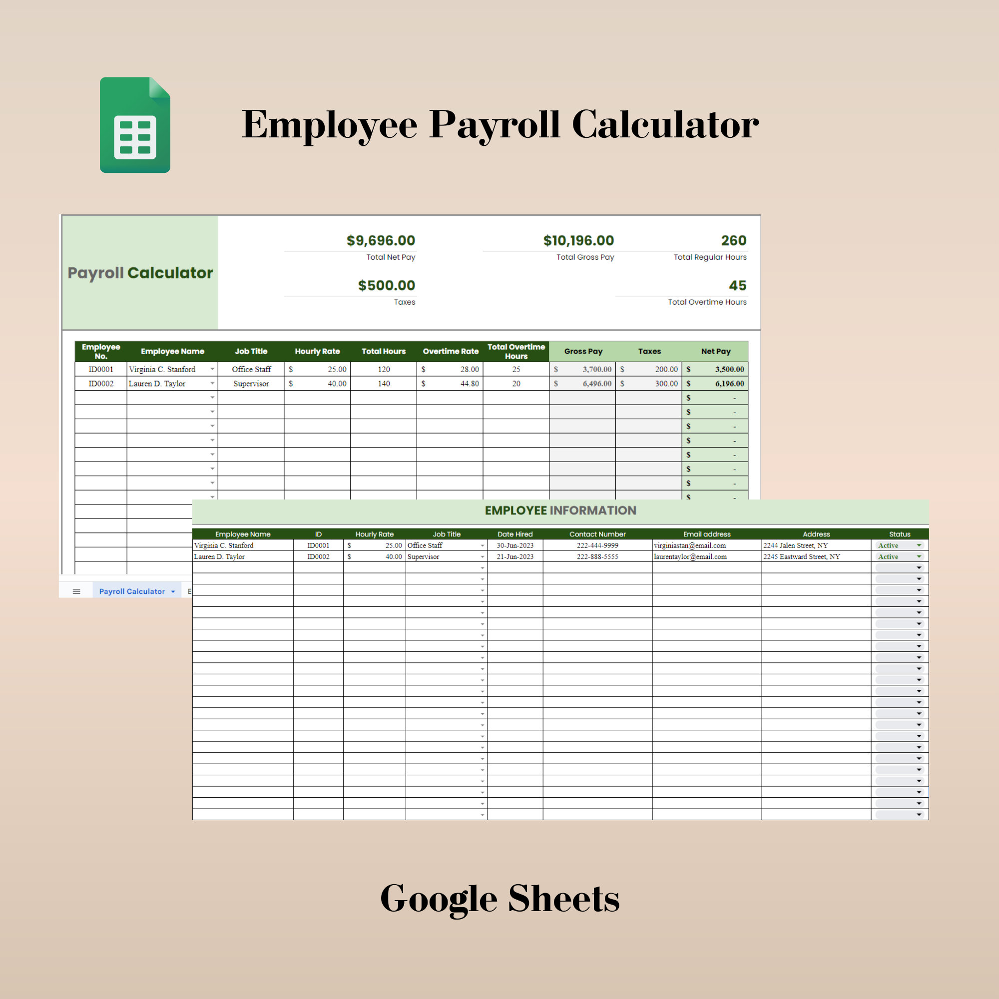 Payroll Calculator Google Sheet, Employee Payroll Records, Employee ...