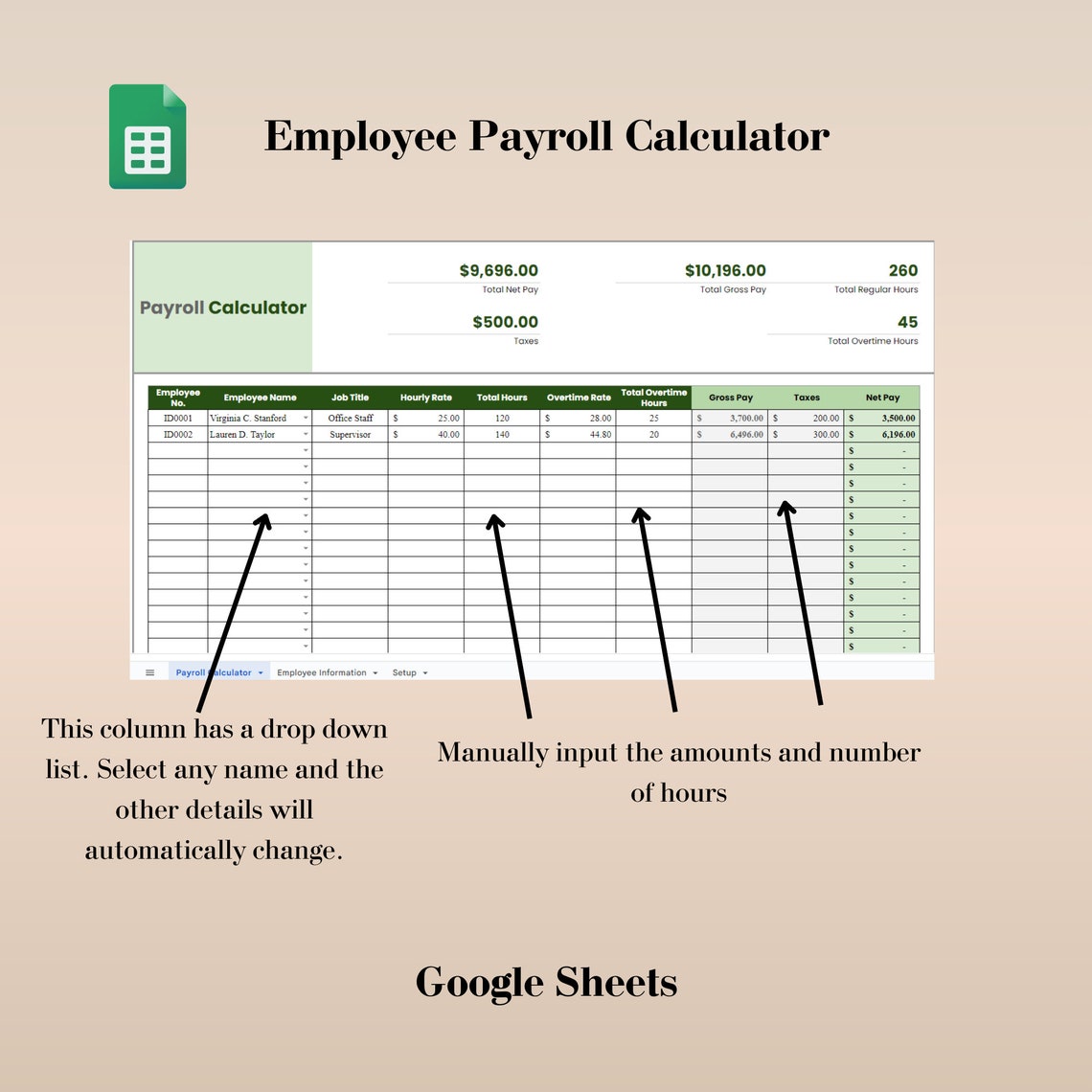 Payroll Calculator Google Sheet, Employee Payroll Records, Employee ...