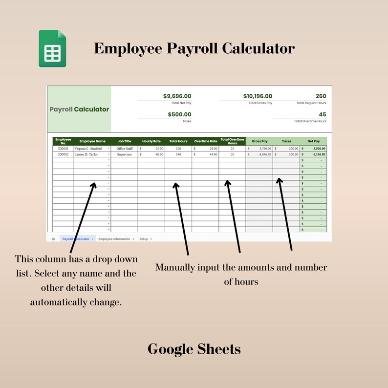 Payroll Calculator Google Sheet, Employee Payroll Records, Employee ...