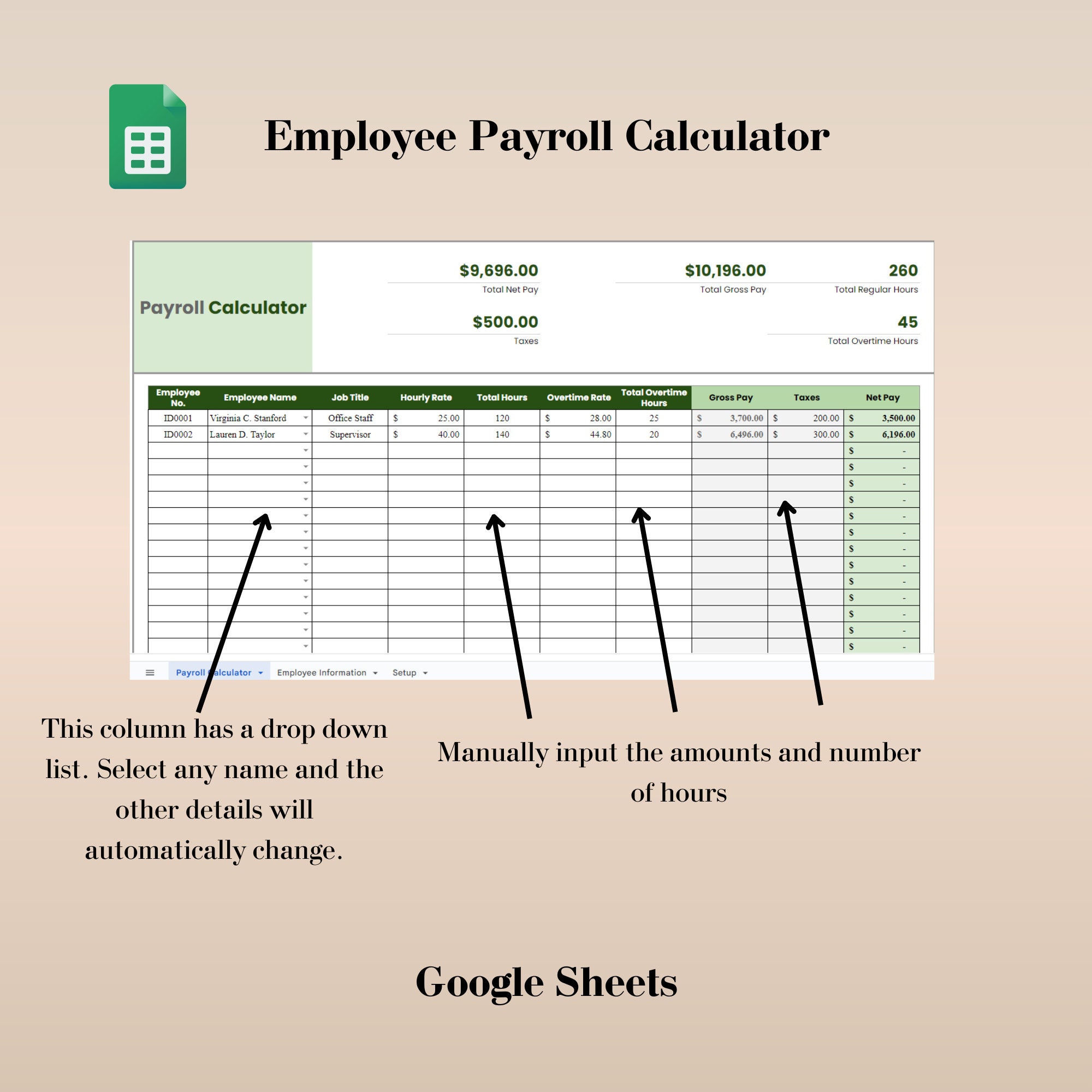Payroll Calculator Google Sheet, Employee Payroll Records, Employee ...