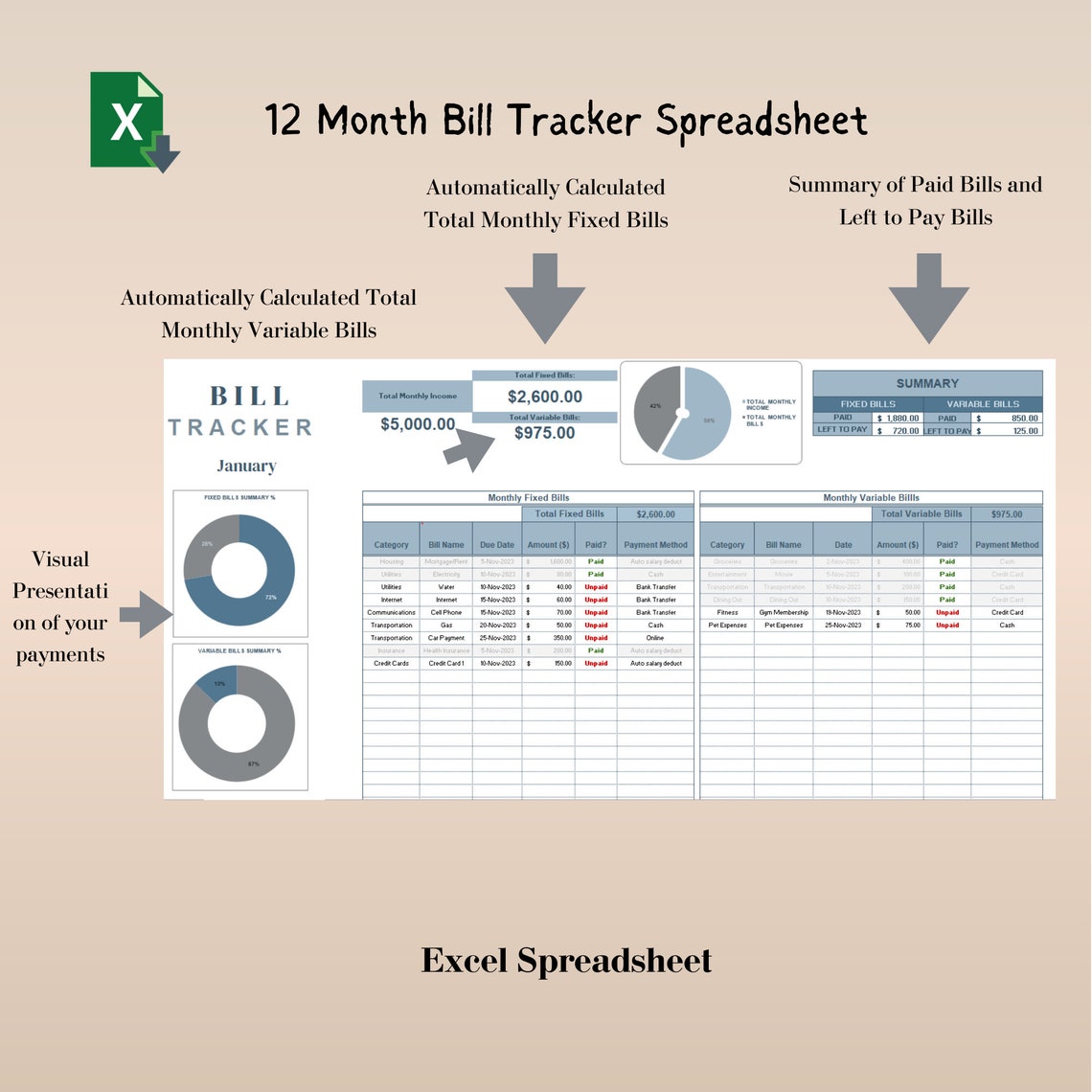 12 Month Bill Tracker Spreadsheet, Monthly Bill Payment Log, Bill ...