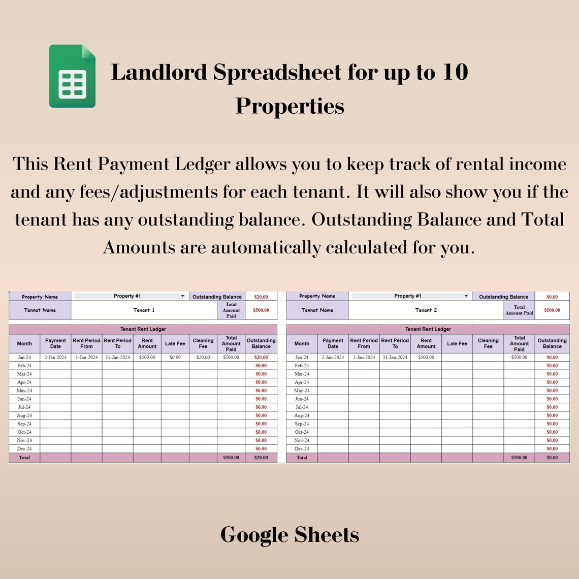 Landlord Property Spreadsheet in Google Sheets for up to 10 Properties ...