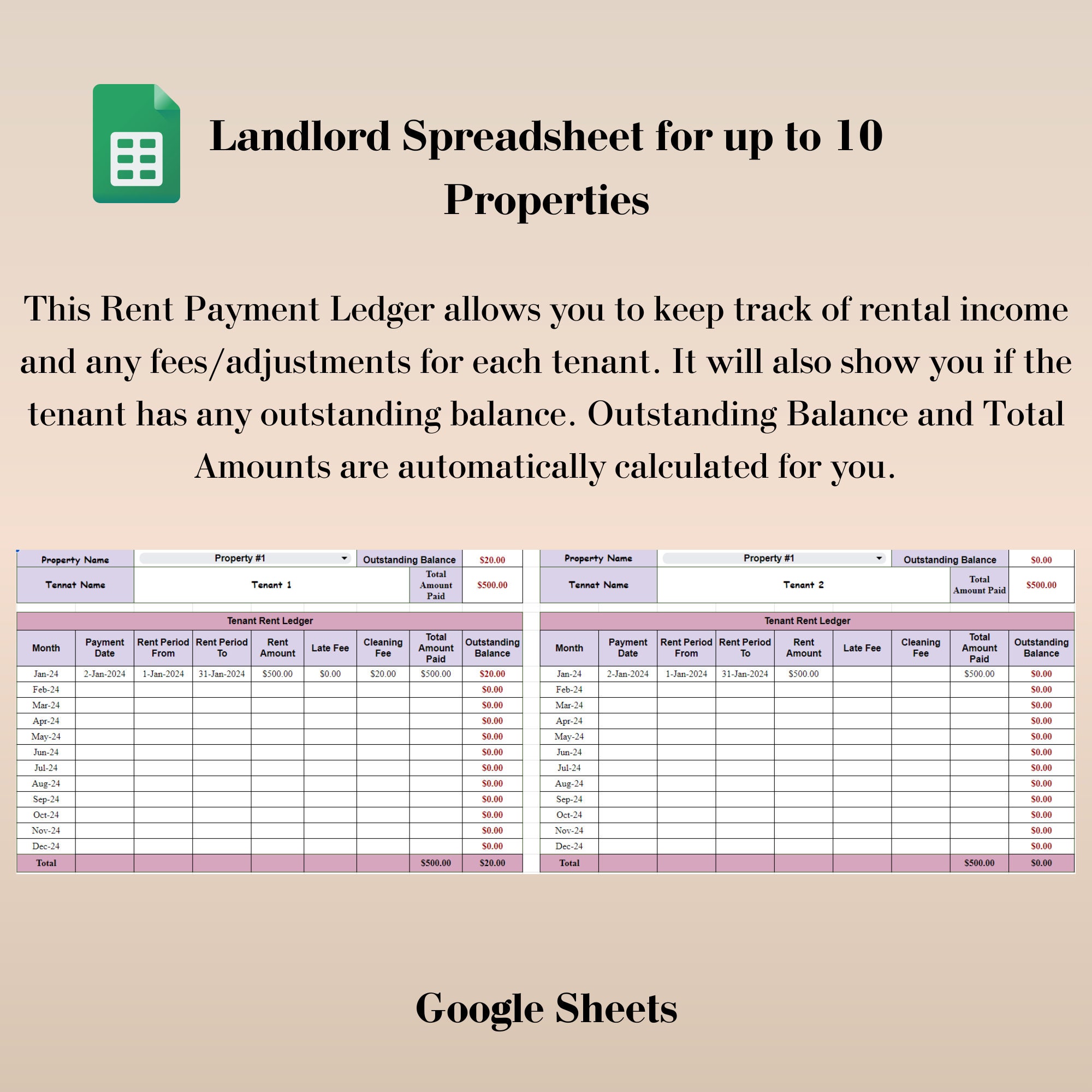 Landlord Property Spreadsheet in Google Sheets for up to 10 Properties ...
